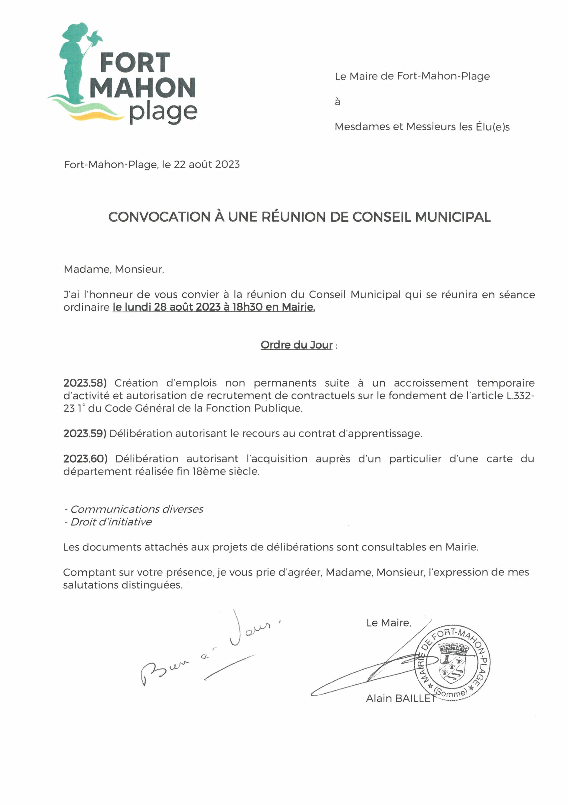 Convocation réunion de conseil municipal du 28 août 2023 | Fort-Mahon-Plage